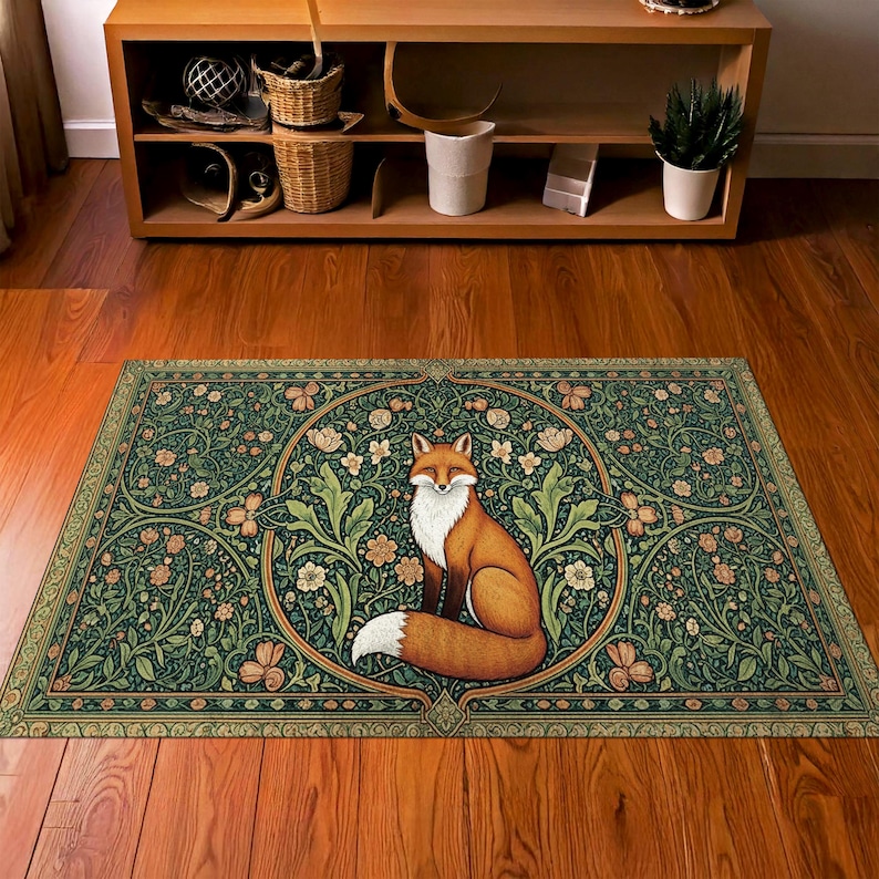 Fox Rug With Botanical Floral Border, Woodland Fox Animal Rug, Forest ...