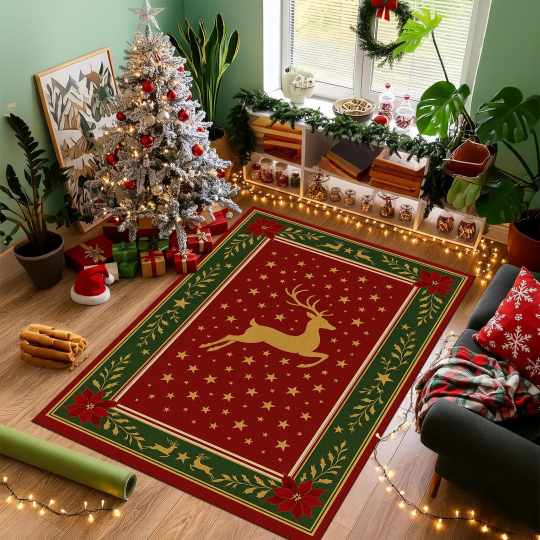 Christmas Rug Red Gold Reindeer Star Pattern Holiday Carpet With ...