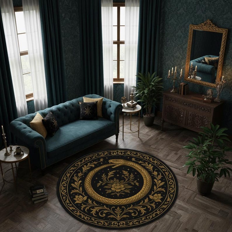 Golden Ouroboros Snake Round Rug – Gothic Black and Gold Baroque Carpet ...