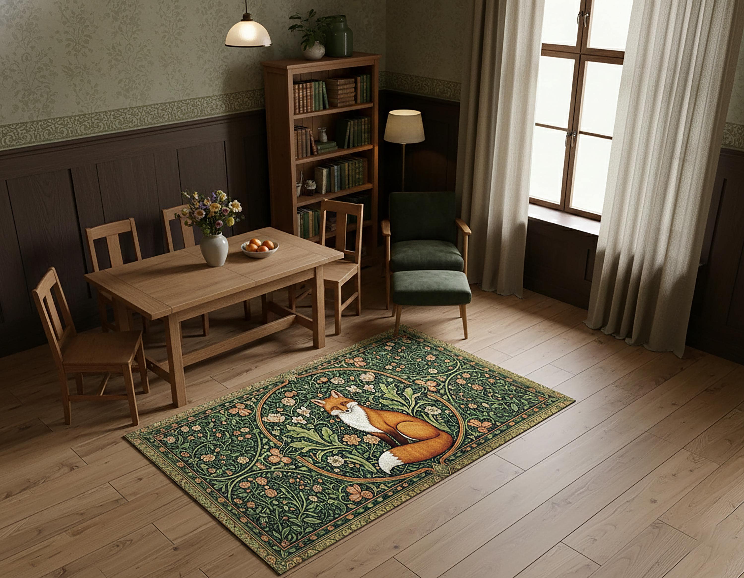 Fox Rug With Botanical Floral Border, Woodland Fox Animal Rug, Forest ...