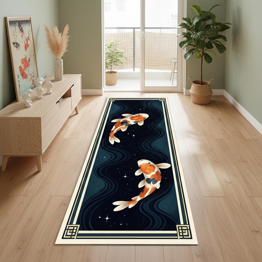 Koi Fish Runner Rug, Japanese Night Pond Hallway Carpet, Navy Zen Long ...