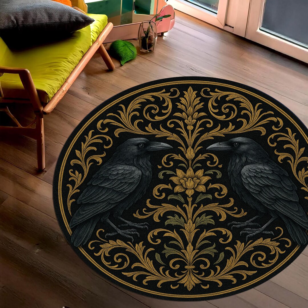 Twin Raven Baroque Rug – Black and Gold Gothic Round Carpet, Dark ...