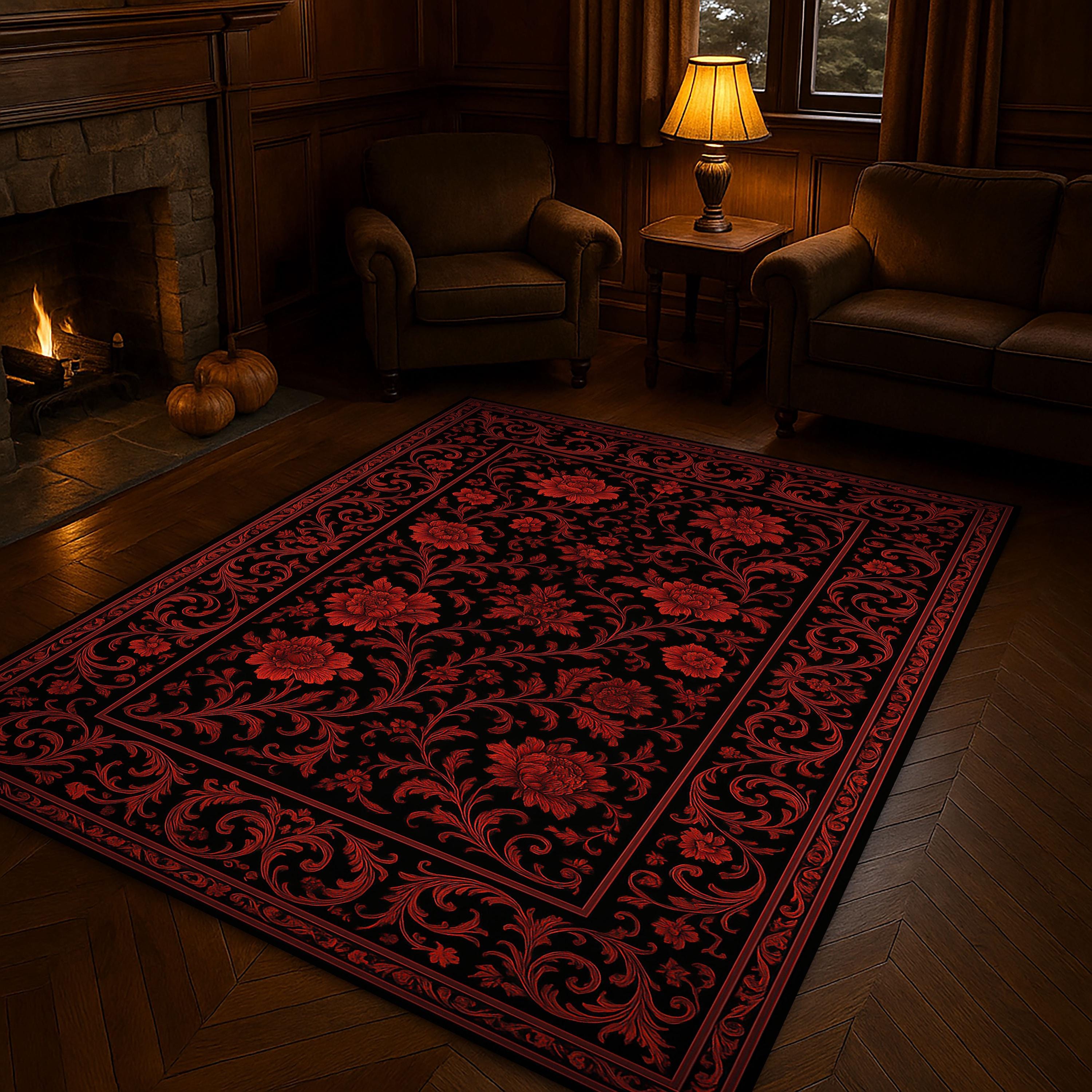 Crimson Floral Baroque Rug – Black and Red Vintage Carpet With Ornate ...