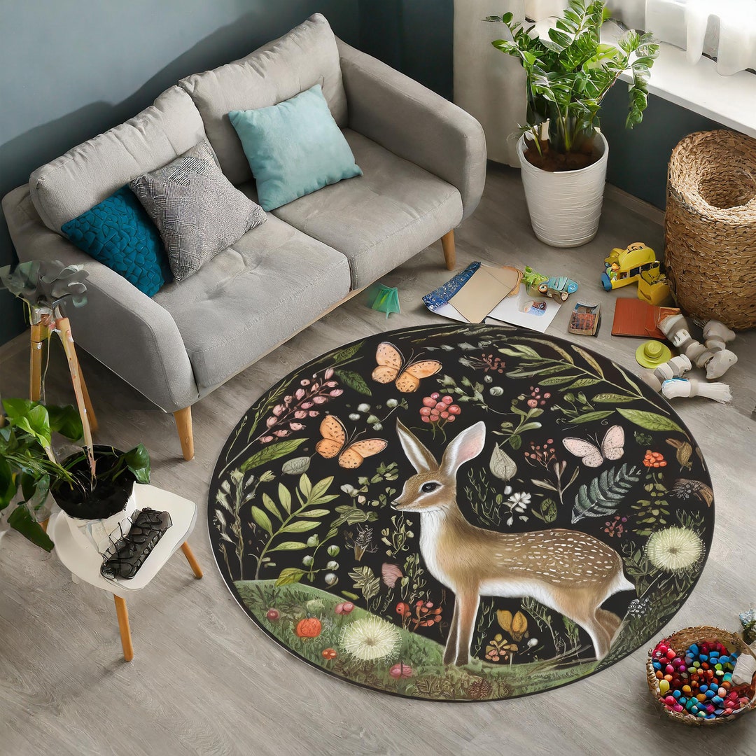 Deer Rug, Butterfly Rug,woodland Rug, Animal Rug Round, Small Round Rug ...