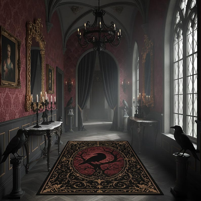 Gothic Raven Rug, Dark Academia Red Black Carpet, Victorian Gothic Area ...