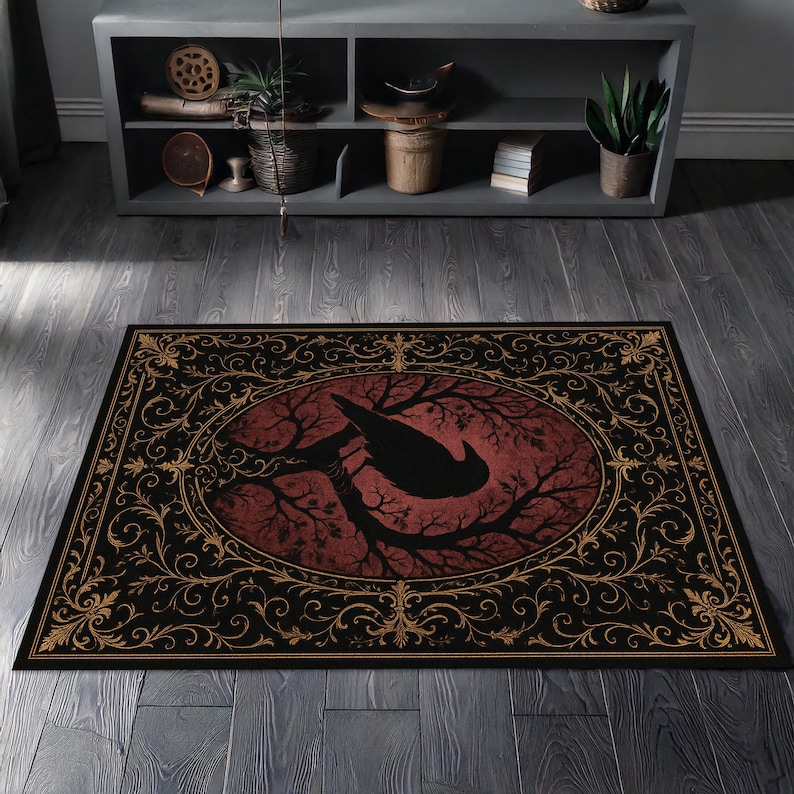 Gothic Raven Rug, Dark Academia Red Black Carpet, Victorian Gothic Area ...