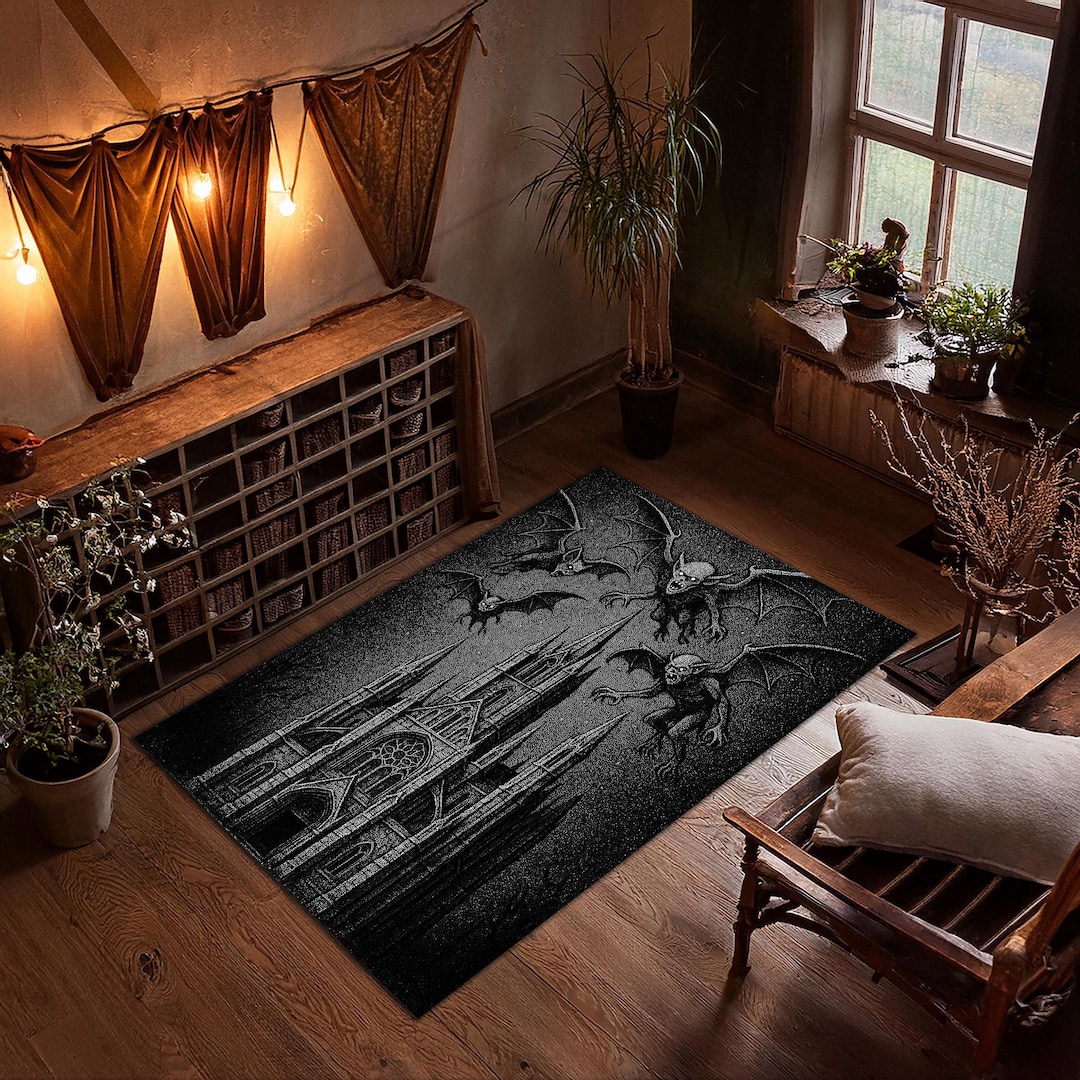 Gothic Cathedral Rug: Dark Horror Flying Demons, Halloween Decor - Etsy