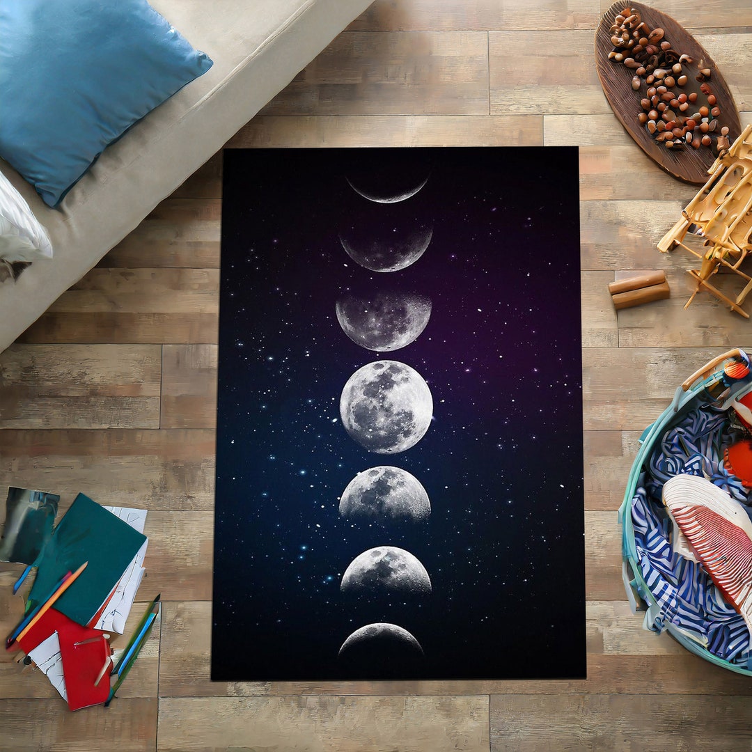 Moon Phases Rug, Full Moon Rug, Moon Decor, Sky Rug, Washable Rug, Non ...