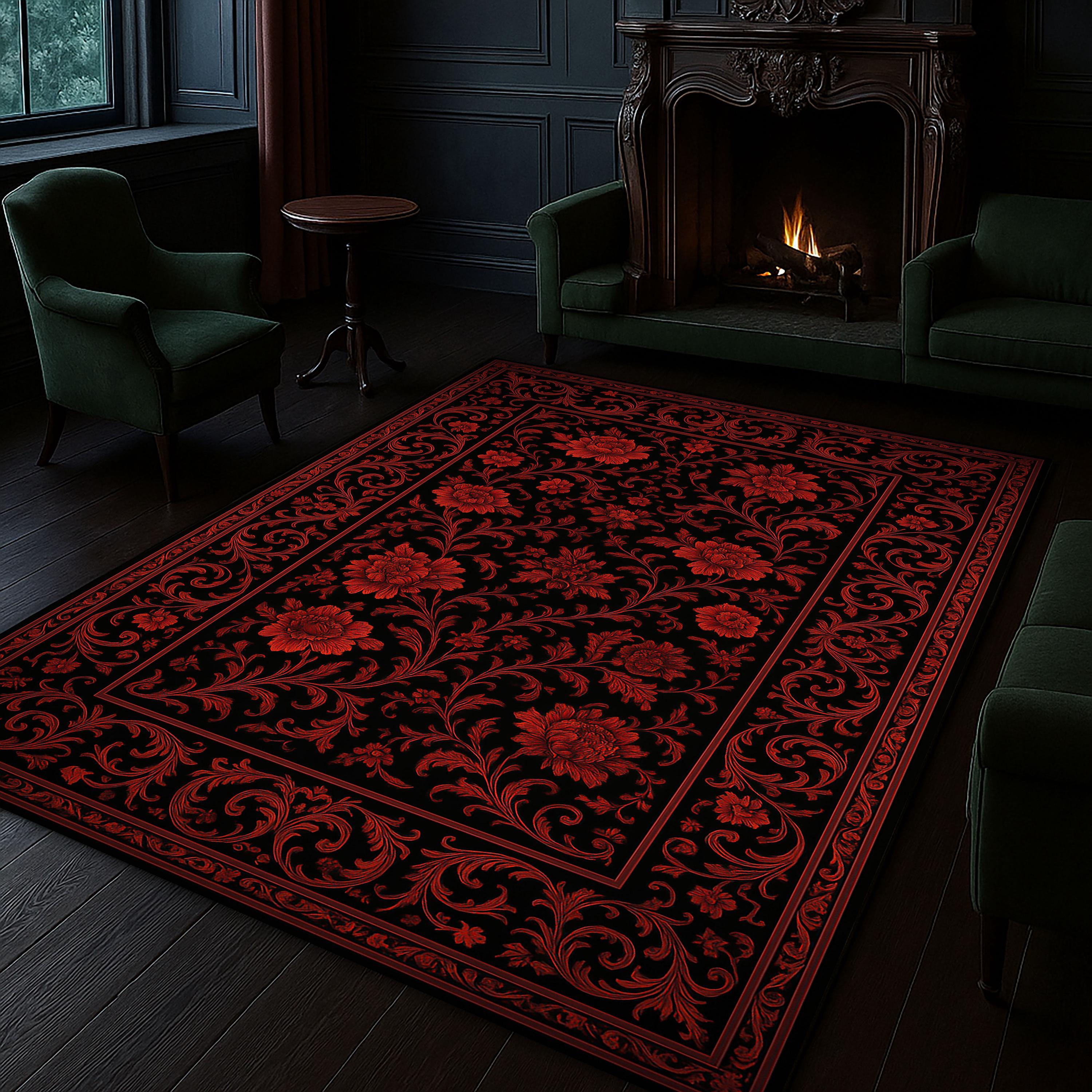 Crimson Floral Baroque Rug – Black and Red Vintage Carpet With Ornate ...