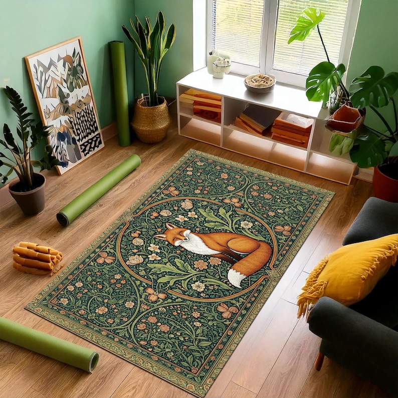 Fox Rug With Botanical Floral Border, Woodland Fox Animal Rug, Forest ...