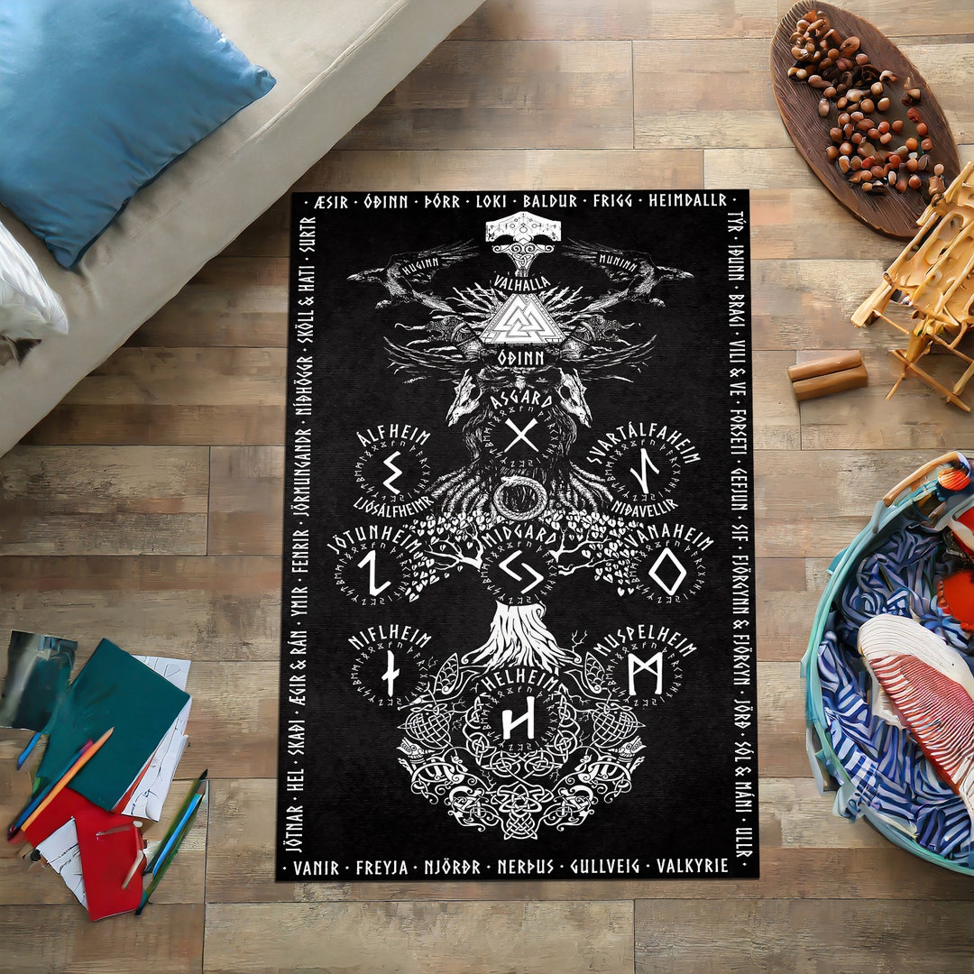 Scandinavian Carpet, Norse Mythology Viking Decor Rug, Valknut Norse ...