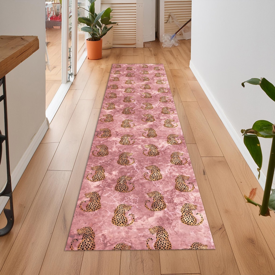 Leopard Print Runner Rug: Pink Animal Rug, Washable - Etsy