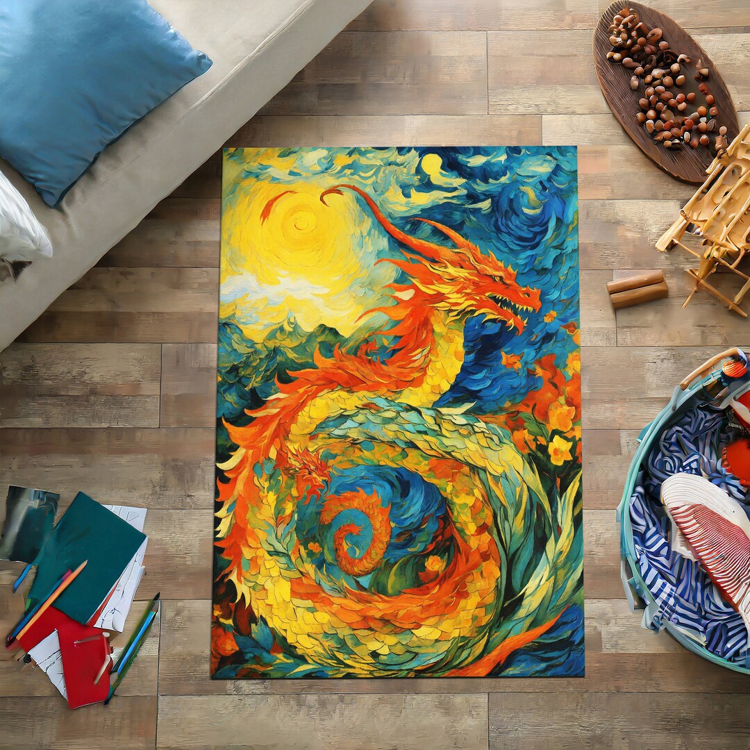 Chinese Dragon Rug, Van Gogh Style, Dragon Rug, Japenese Theme Rug ...