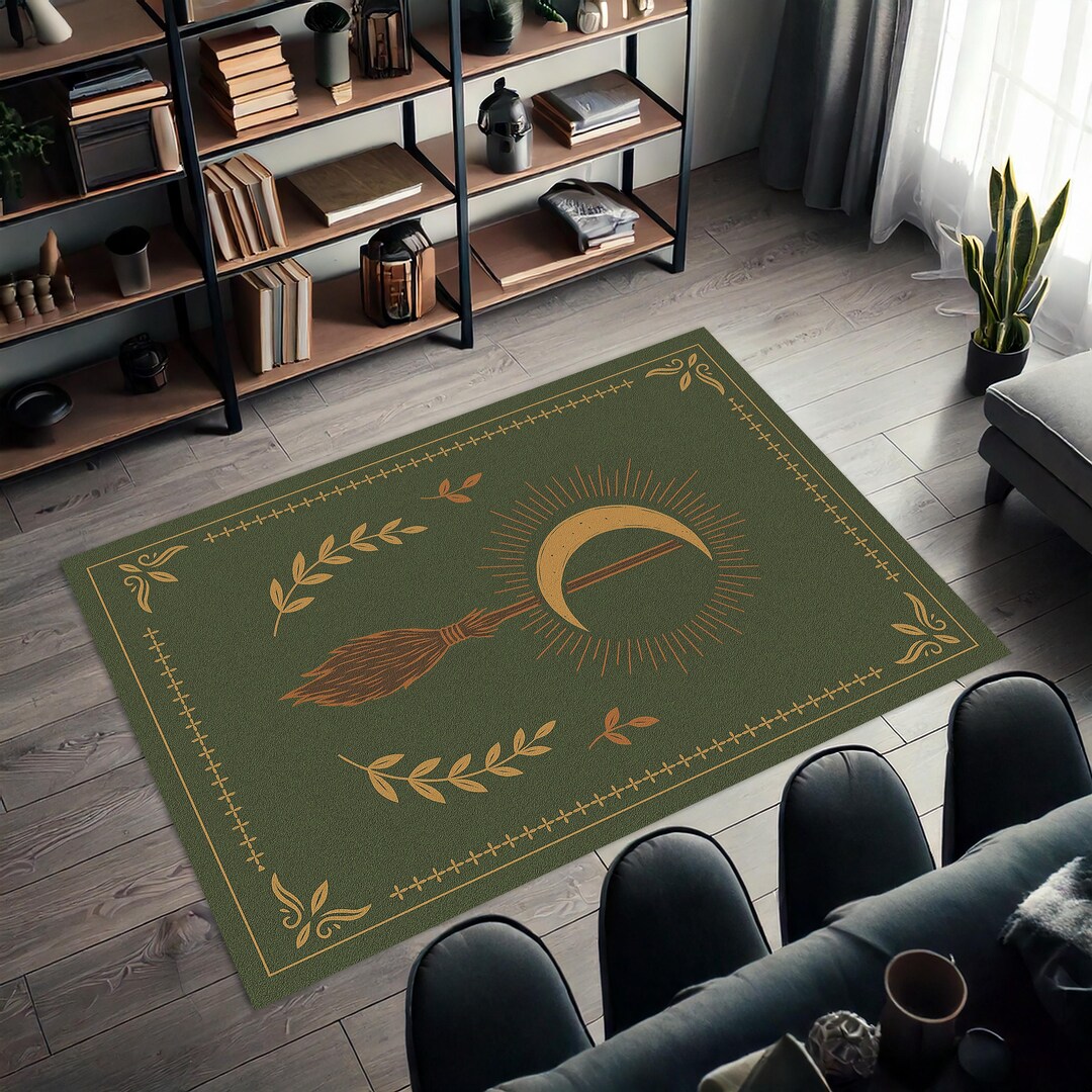 Green Witch Rug: Broom & Crescent Moon Mystical Carpet - Etsy