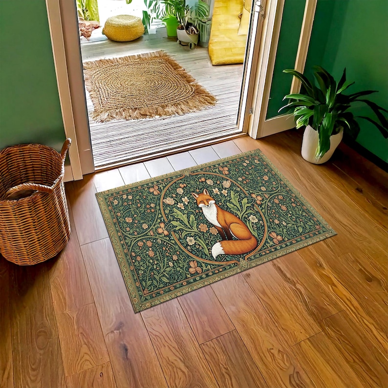 Fox Rug With Botanical Floral Border, Woodland Fox Animal Rug, Forest ...