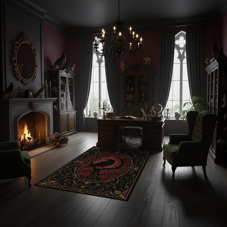 Gothic Raven Rug, Dark Academia Red Black Carpet, Victorian Gothic Area ...