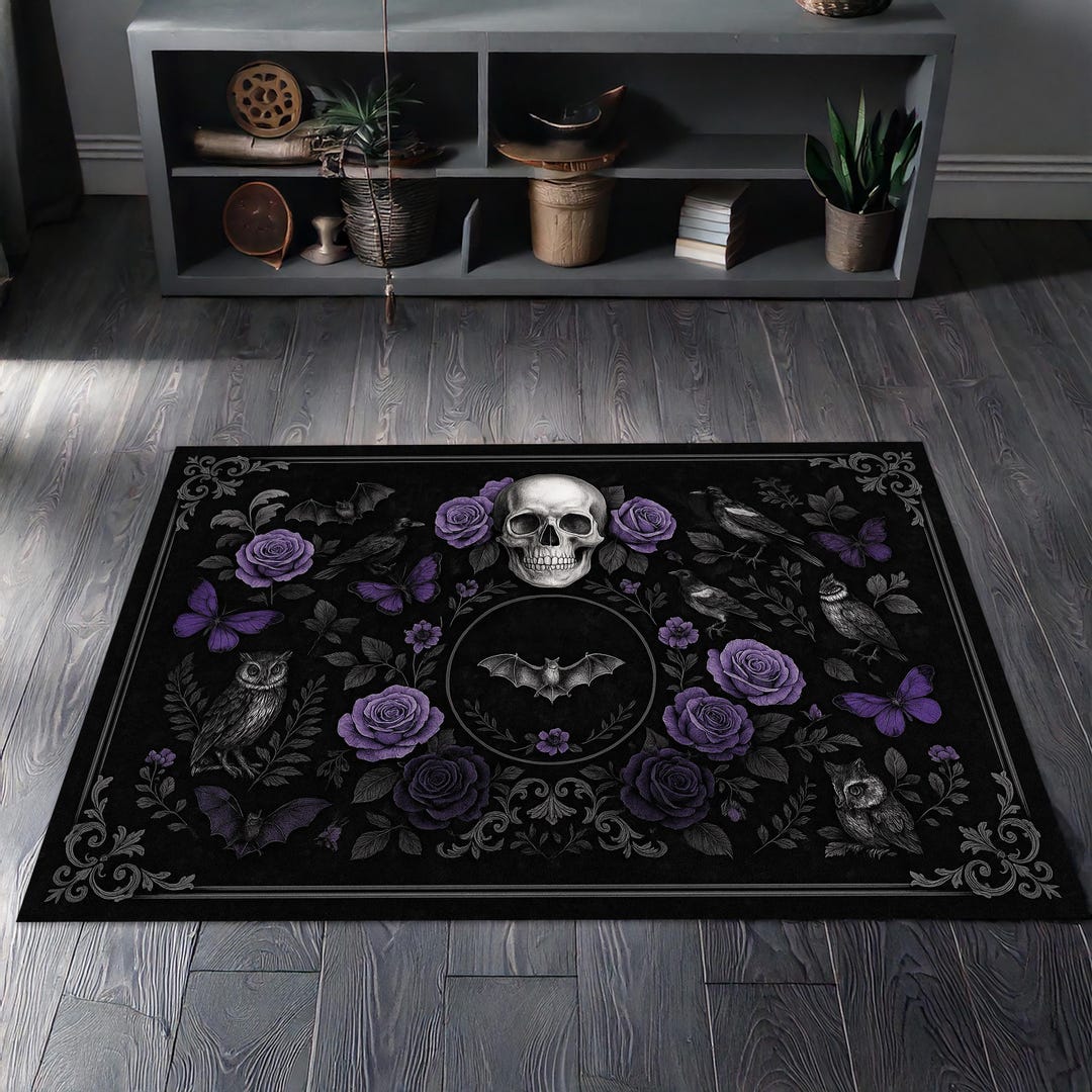 Gothic Skull Bat Rug, Dark Purple Rose Carpet, Witchcore Gothic Decor ...