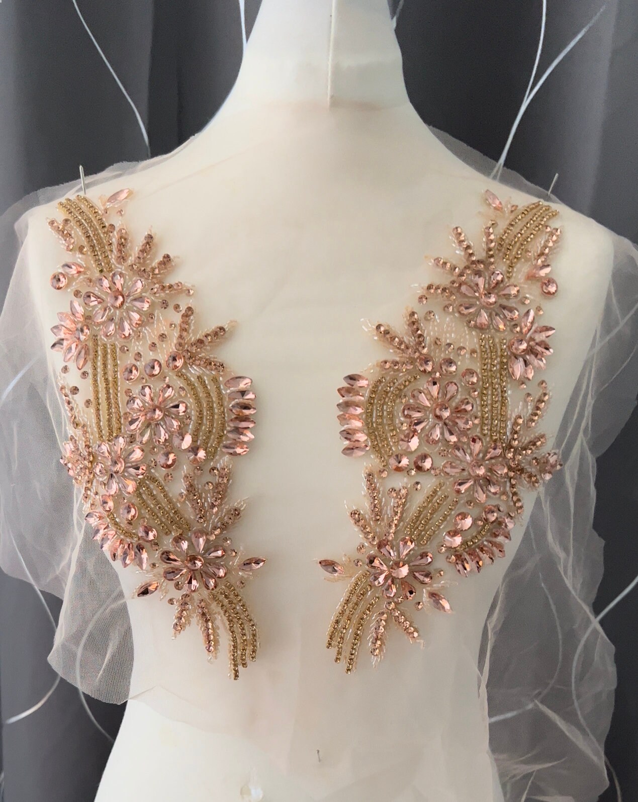 Rhinestone Appliqué Crystal Bodice Patches, Heavy Bead Gold,rose Gold ...