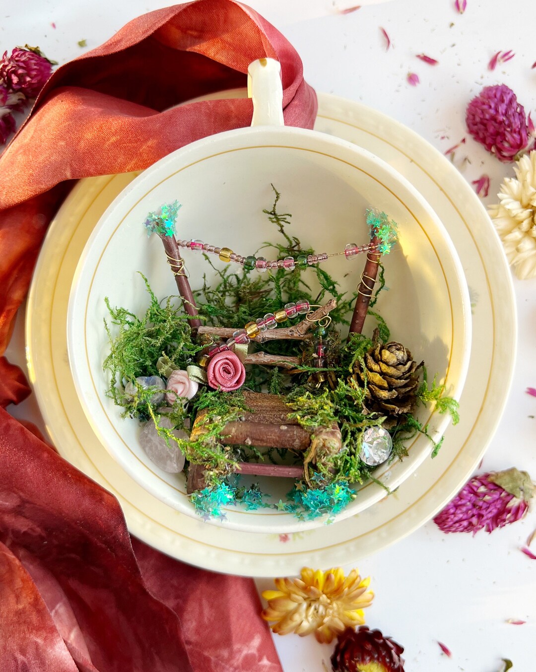 Handmade Tea Cup Fairy Garden, Flower Fairies, Handmade Fairy Furniture ...