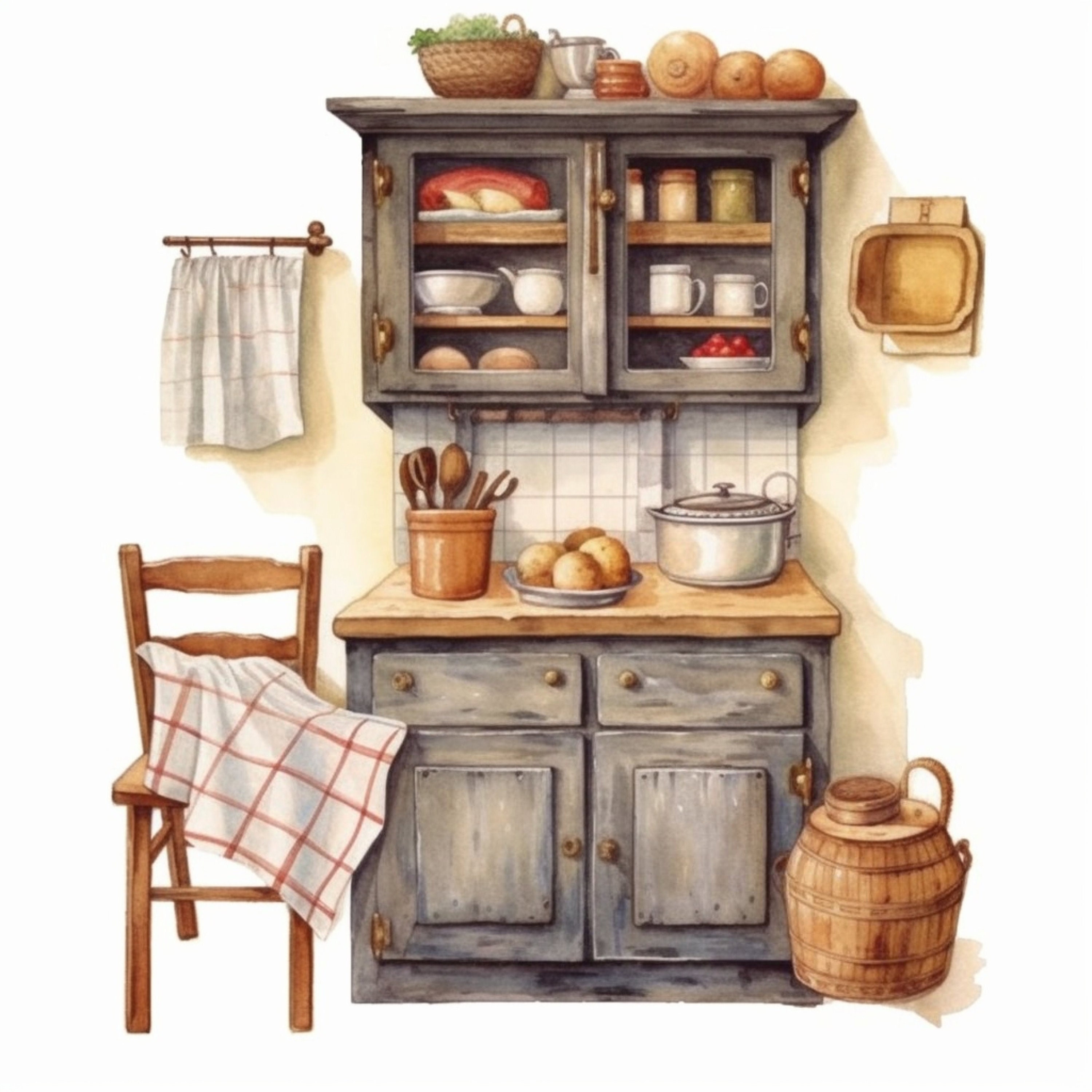 25 Whimsical Watercolor Wooden Cupboard Clipart With Assorted Snacks ...