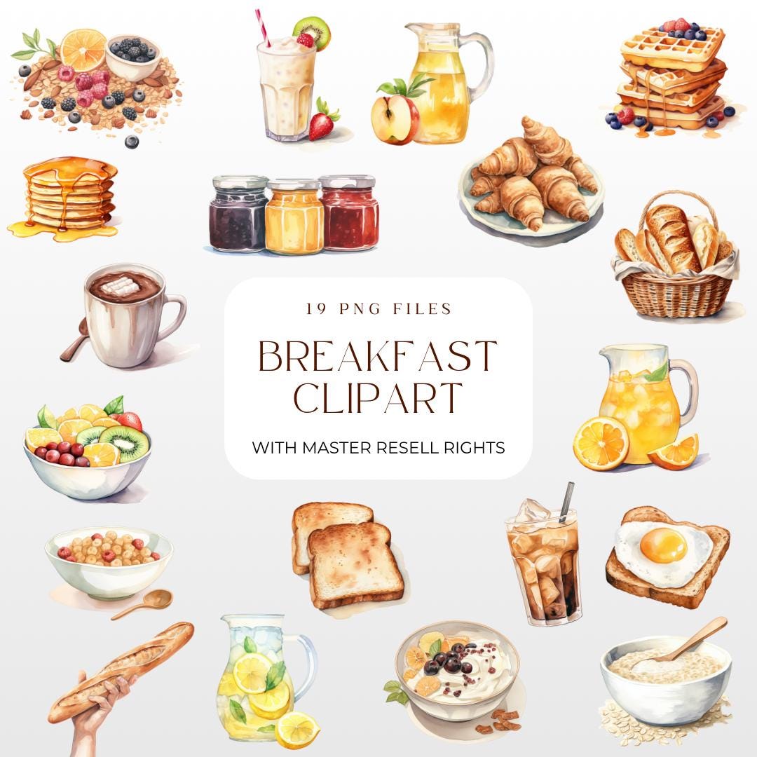 Breakfast Clipart Bundle Master Resell Rights PLR | Watercolor Boho ...