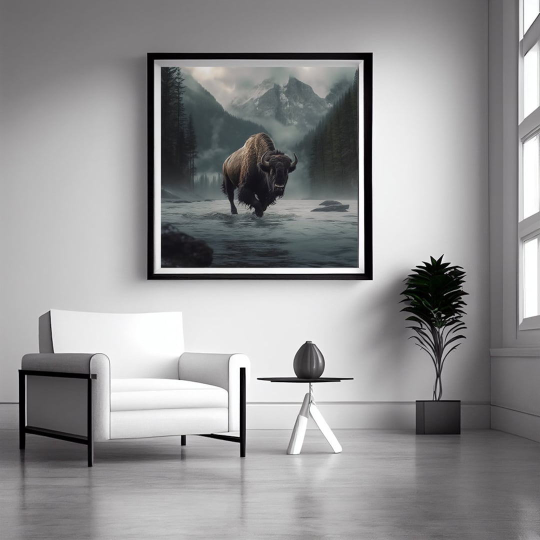 Buffalo Crossing: Digital Art Print of Wildlife and Scenic Mountain ...