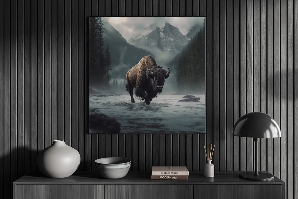 Buffalo Crossing: Digital Art Print of Wildlife and Scenic Mountain ...