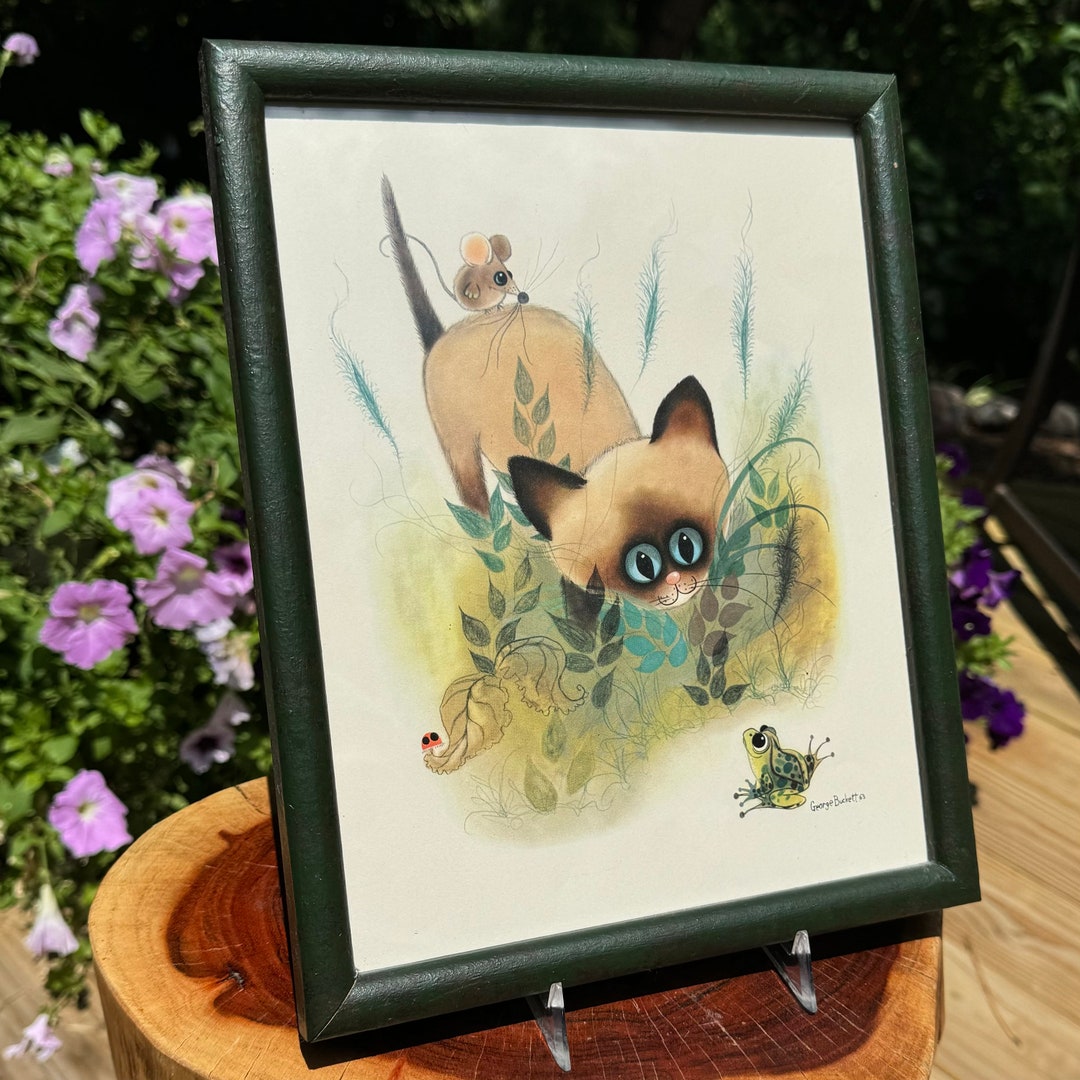 Vintage 1963 GEORGE BUCKETT Signed Framed Litho Art Print of Siamese ...