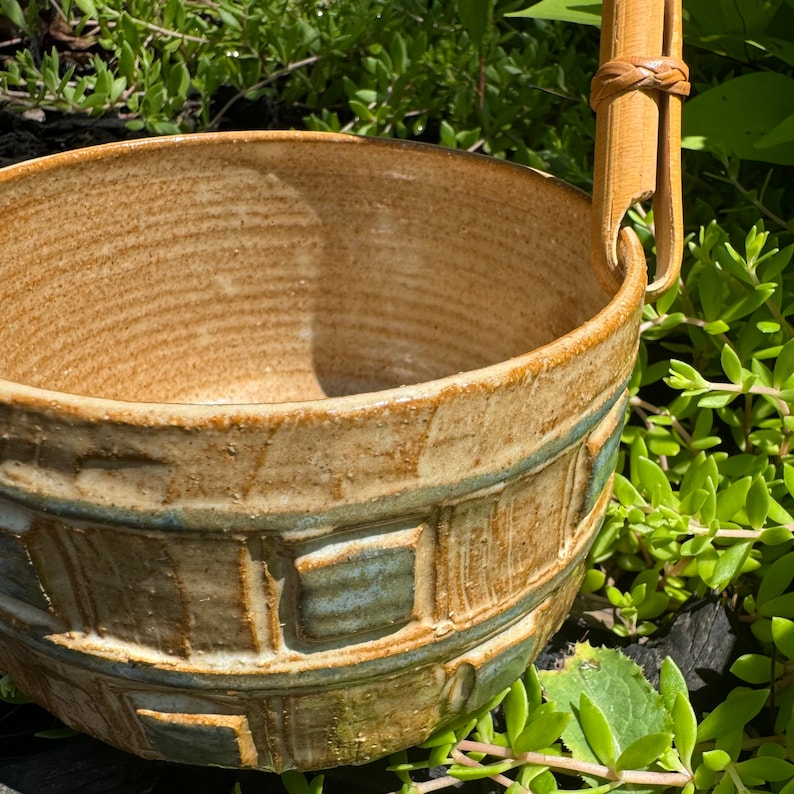Vintage Studio Art Pottery Stoneware BASKET With Bamboo Handle Blue and ...