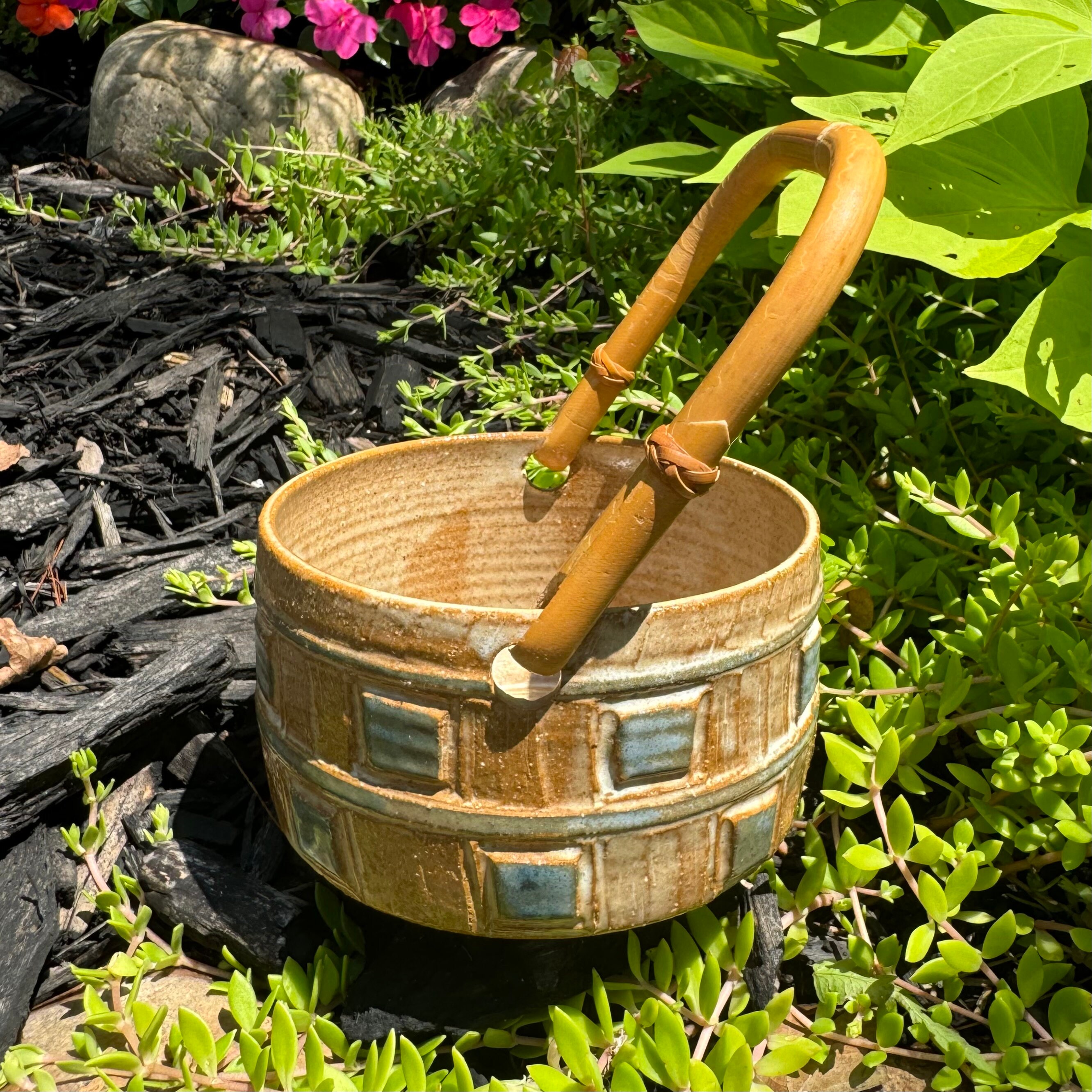 Vintage Studio Art Pottery Stoneware BASKET With Bamboo Handle Blue and ...