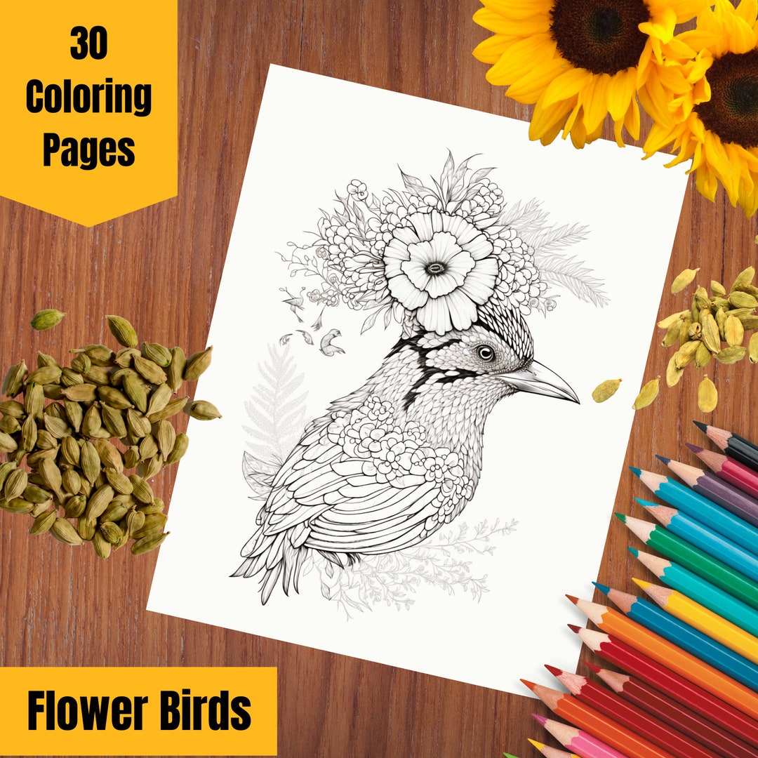 30 Flower Birds Coloring Pages Bundle Premium Digital Download PDF ...
