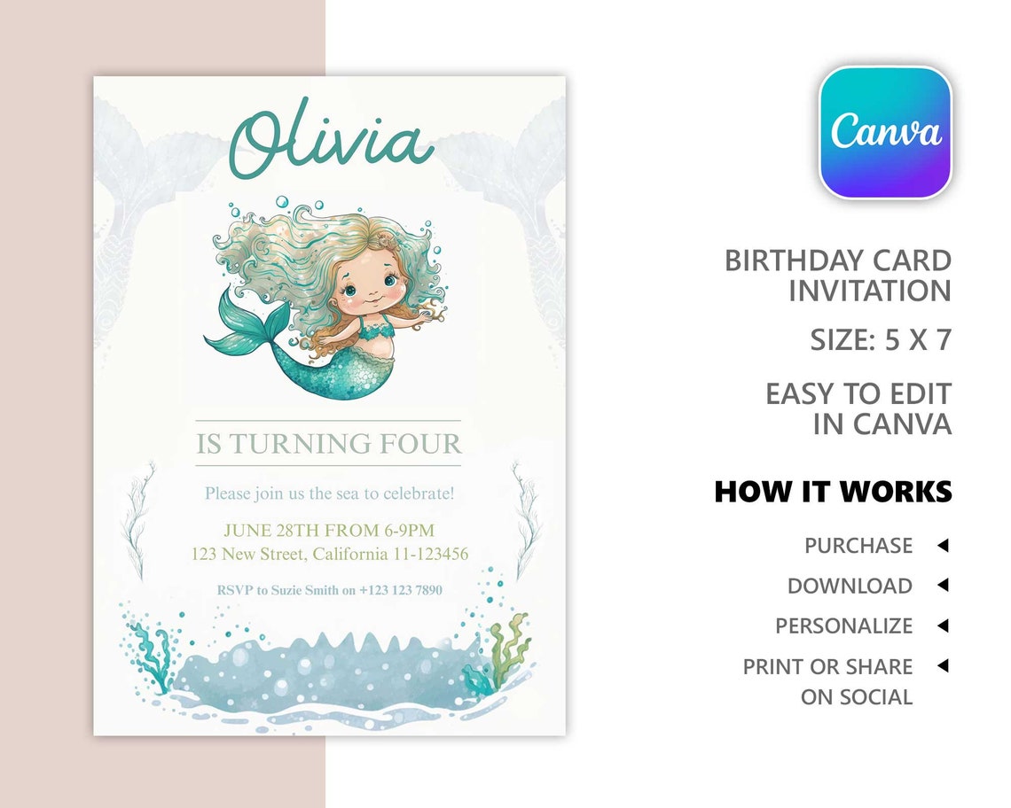 Mermaid Colorful Birthday Invitation, Editable Mermaid Birthday ...