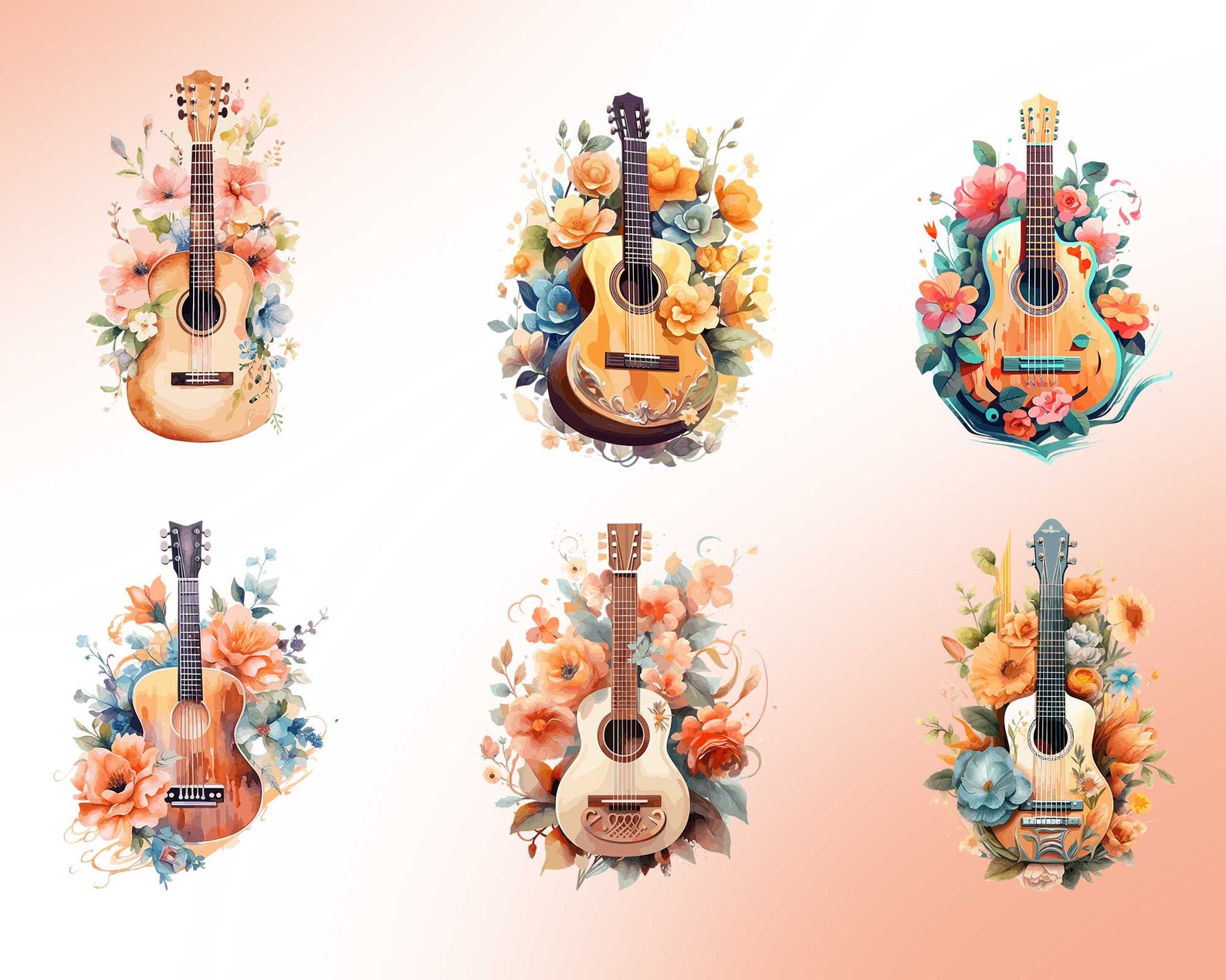 Colorful Elegant Guitar With Flowers Clipart, Music Instruments Floral ...
