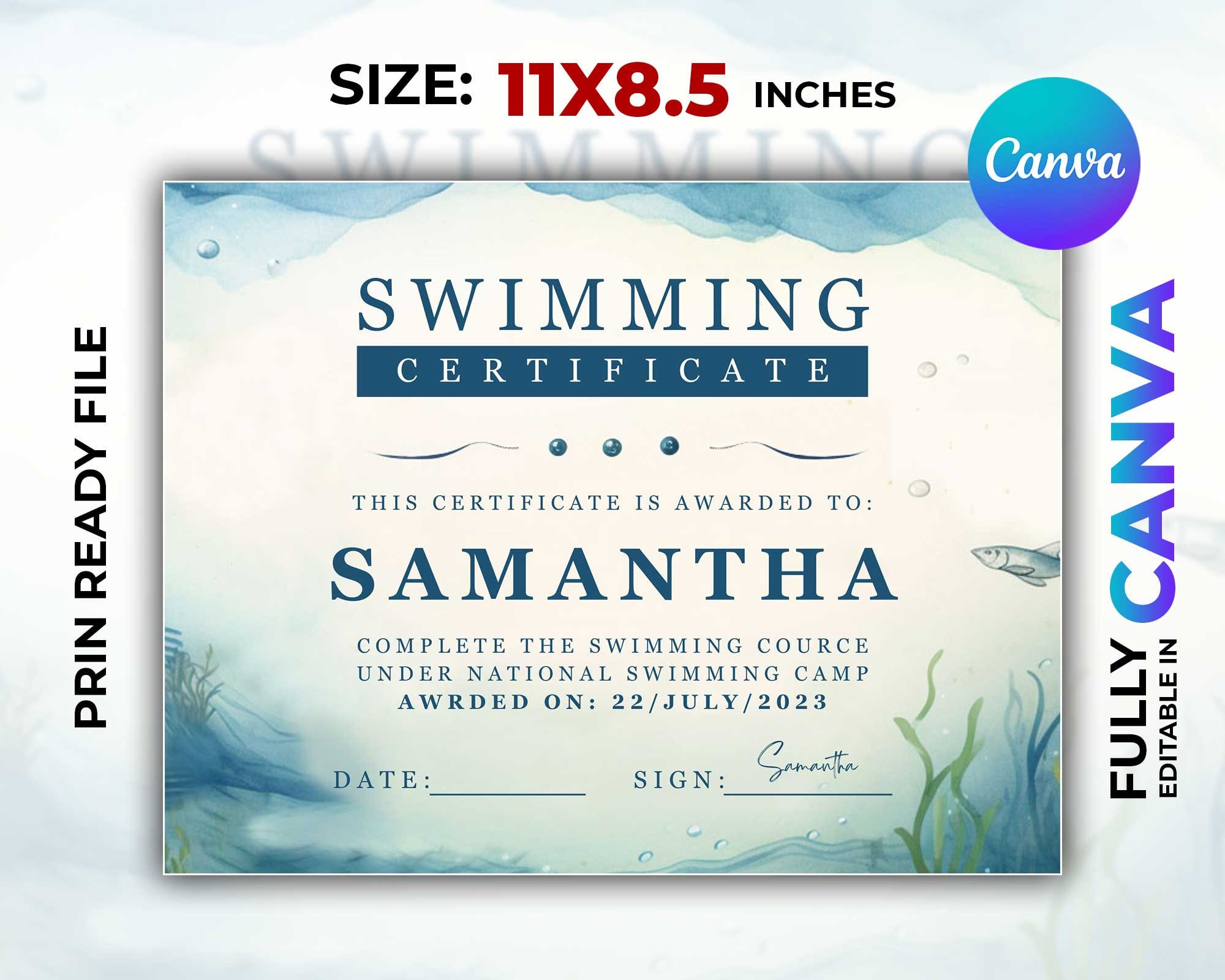 Swimming Certificate Printable Canva Template, Swimming Award ...