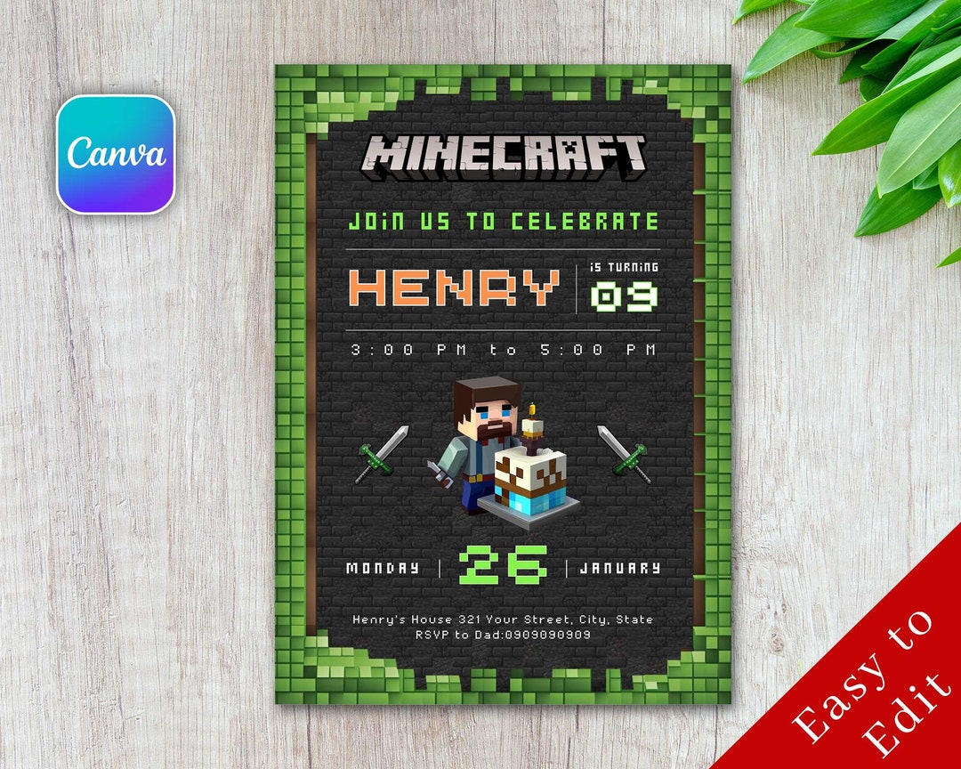 Plantilla Canva de invitación de cumpleaños de Minecraft - Etsy México
