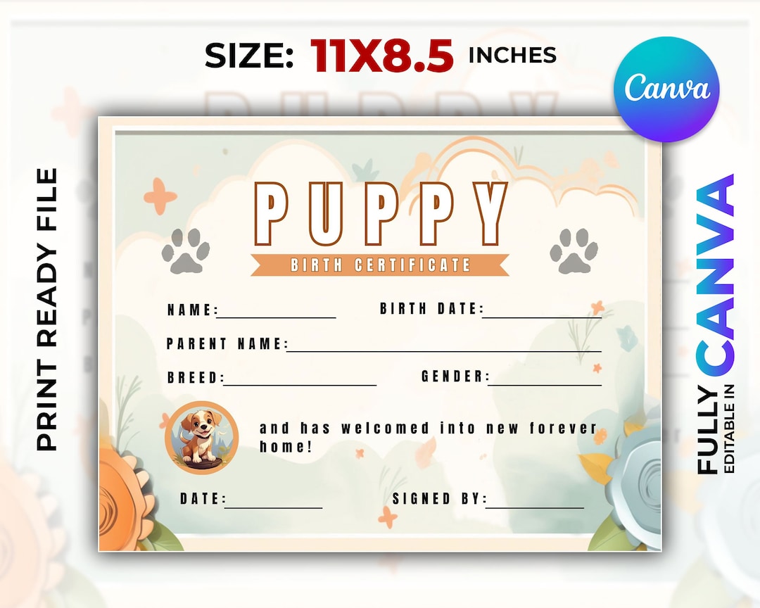 Certificado de nacimiento de cachorro Plantilla Canva editable ...