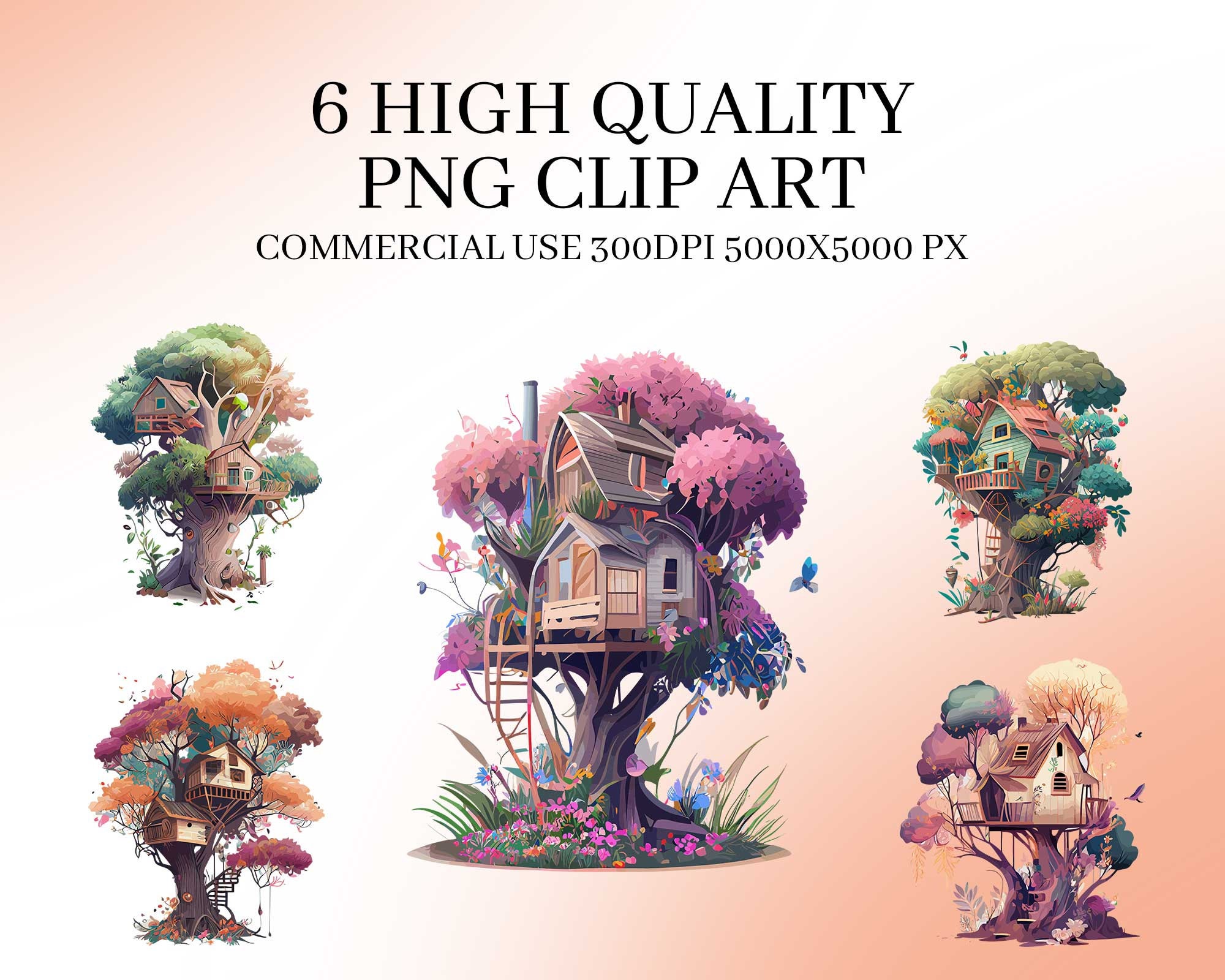 Watercolor Treehouse Clipart Bundle, Treehouse With Floral, Colorful ...