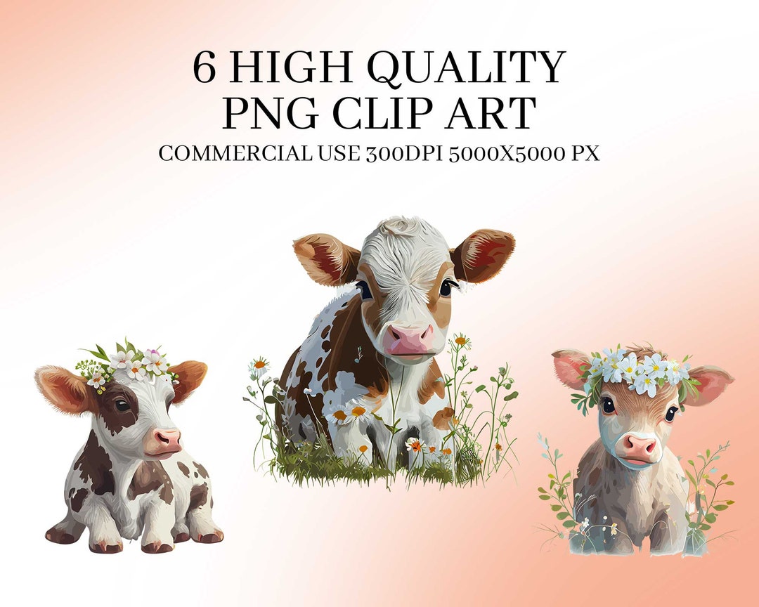 Cute Baby Cow With Floral Clipart, Colorful Baby Cow Clipart, Baby ...