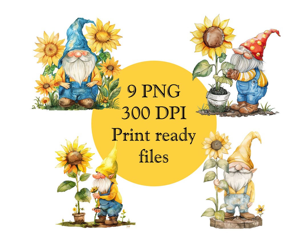 Sunflower Gnome PNG Clipart, Garden Gnome Cute Watercolor Clipart ...