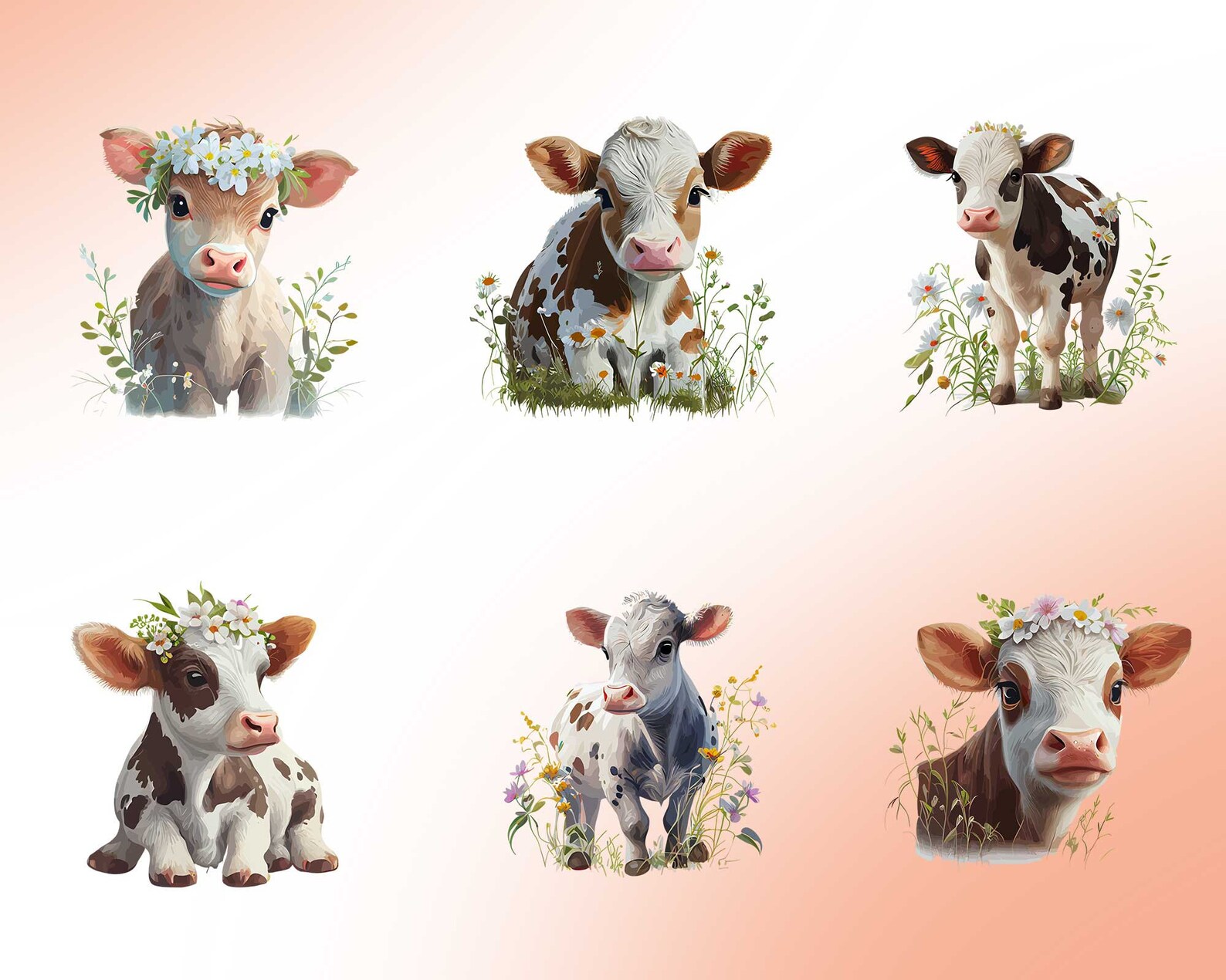 Cute Baby Cow With Floral Clipart, Colorful Baby Cow Clipart, Baby ...