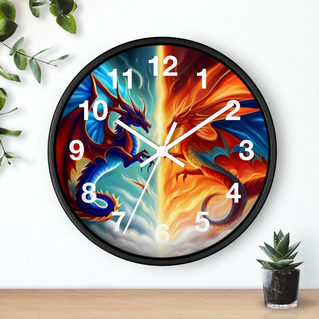 Vibrant Dragon & Mountains Round Wall Clock, Mythical Scene, Dragon ...