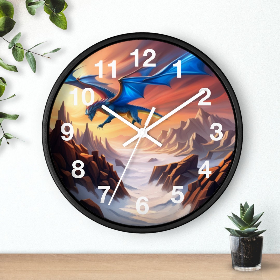 Vibrant Dragon & Mountains Round Wall Clock, Mythical Scene, Dragon ...