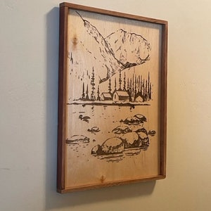 Laser Engraved Outdoor Scene With Majestic Peaks, Lake, and Rustic ...
