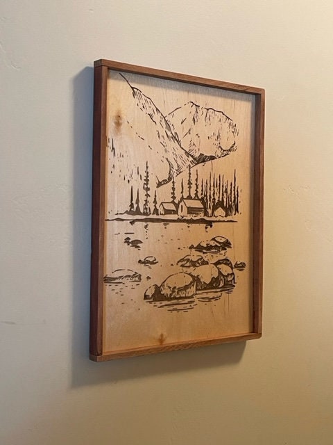 Laser Engraved Outdoor Scene With Majestic Peaks, Lake, and Rustic ...