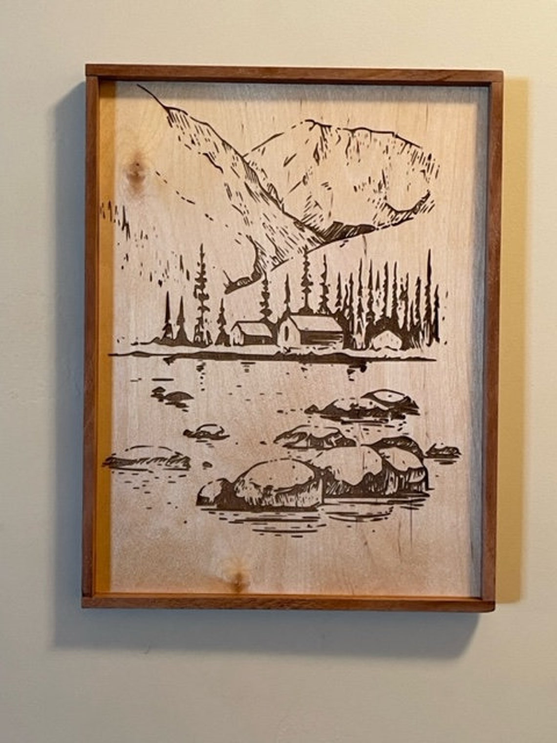 Laser Engraved Outdoor Scene With Majestic Peaks, Lake, and Rustic ...