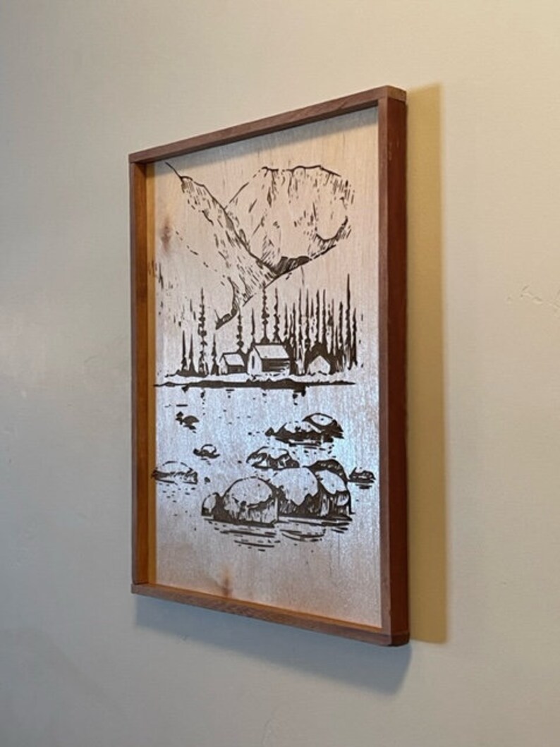 Laser Engraved Outdoor Scene With Majestic Peaks, Lake, and Rustic ...