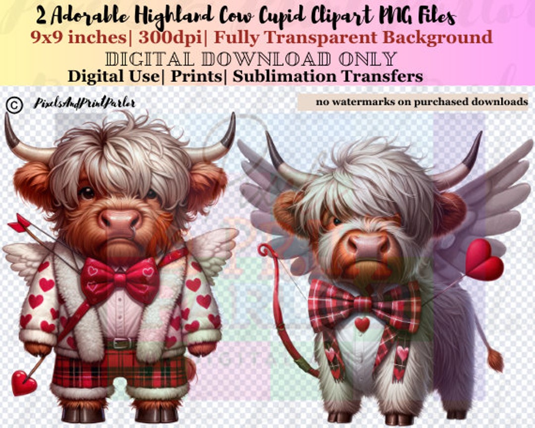Happy Valentine's Day Highland Cow Clip Art Set, Two Scottish Cows as ...