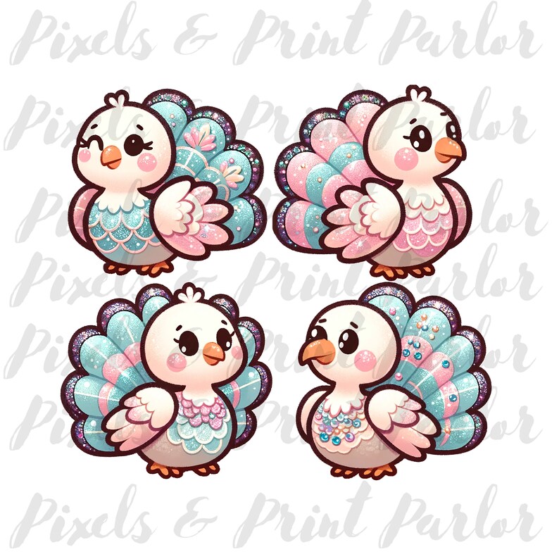 Thanksgiving PNG BUNDLE, Sparkling Pastel Turkey Friends, Whimsical ...