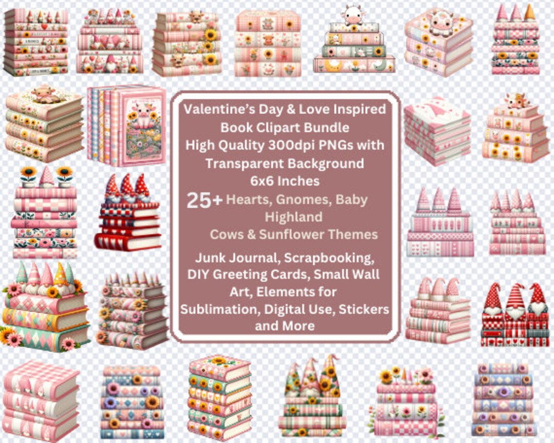 Books Clipart Bundle, Valentine's Day Stickers. Hearts, Gnomes, Baby ...