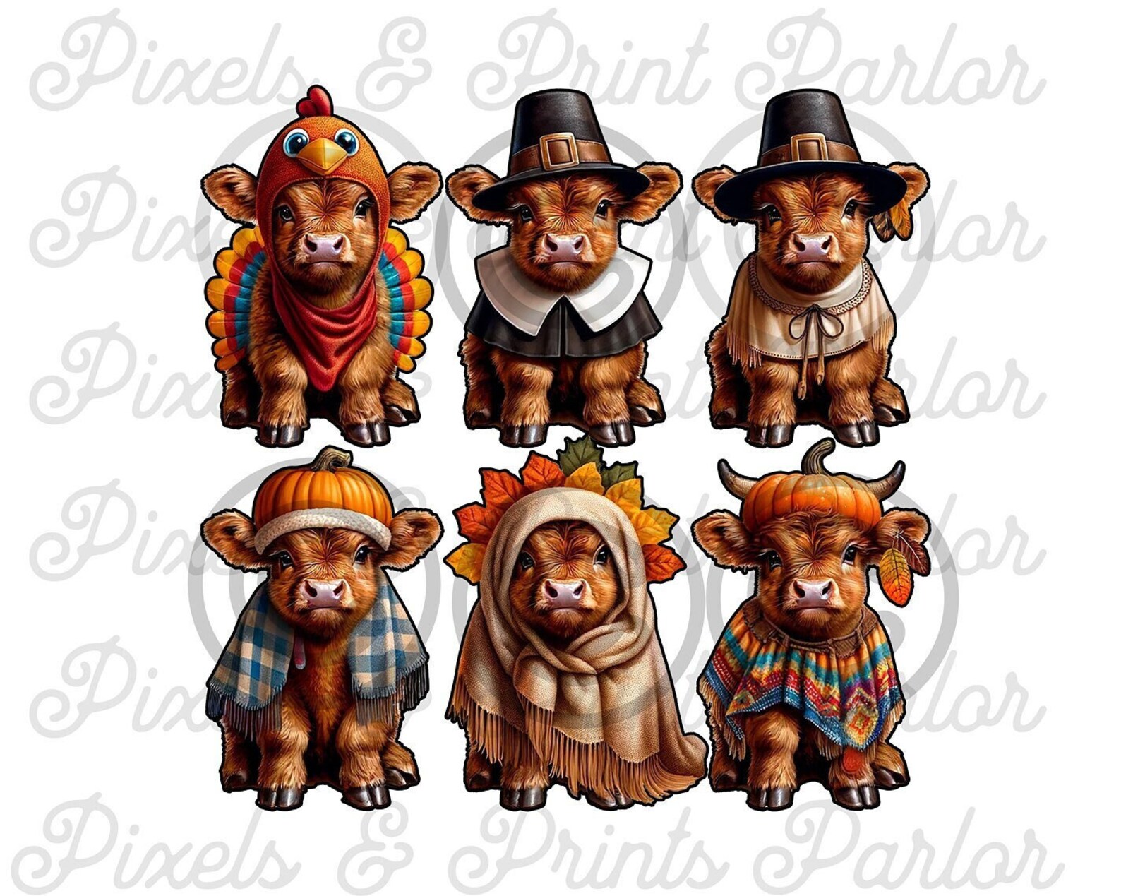 Thanksgiving Highland Baby Cows Mini Bundle of SIX PNG Sublimation ...